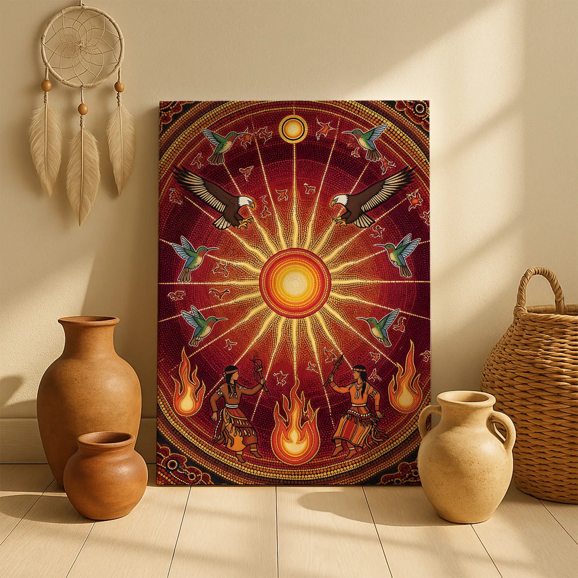 Indigenous Sun Dance Canvas Wall Art, Tribal Eagle Hummingbird Painting ...