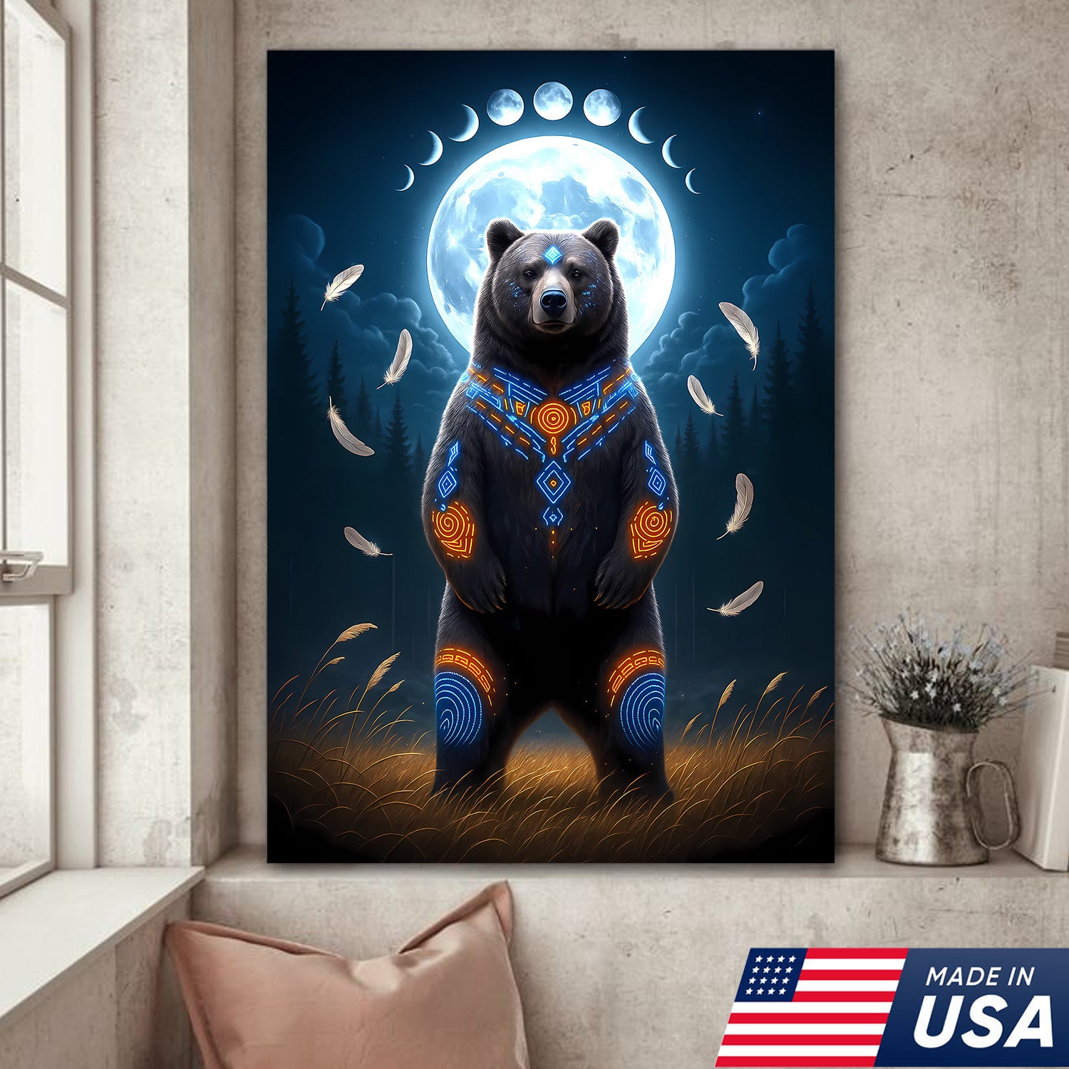 Spirit Bear Canvas Wall Art, Tribal Moon Phases Artwork, Native Americ ...