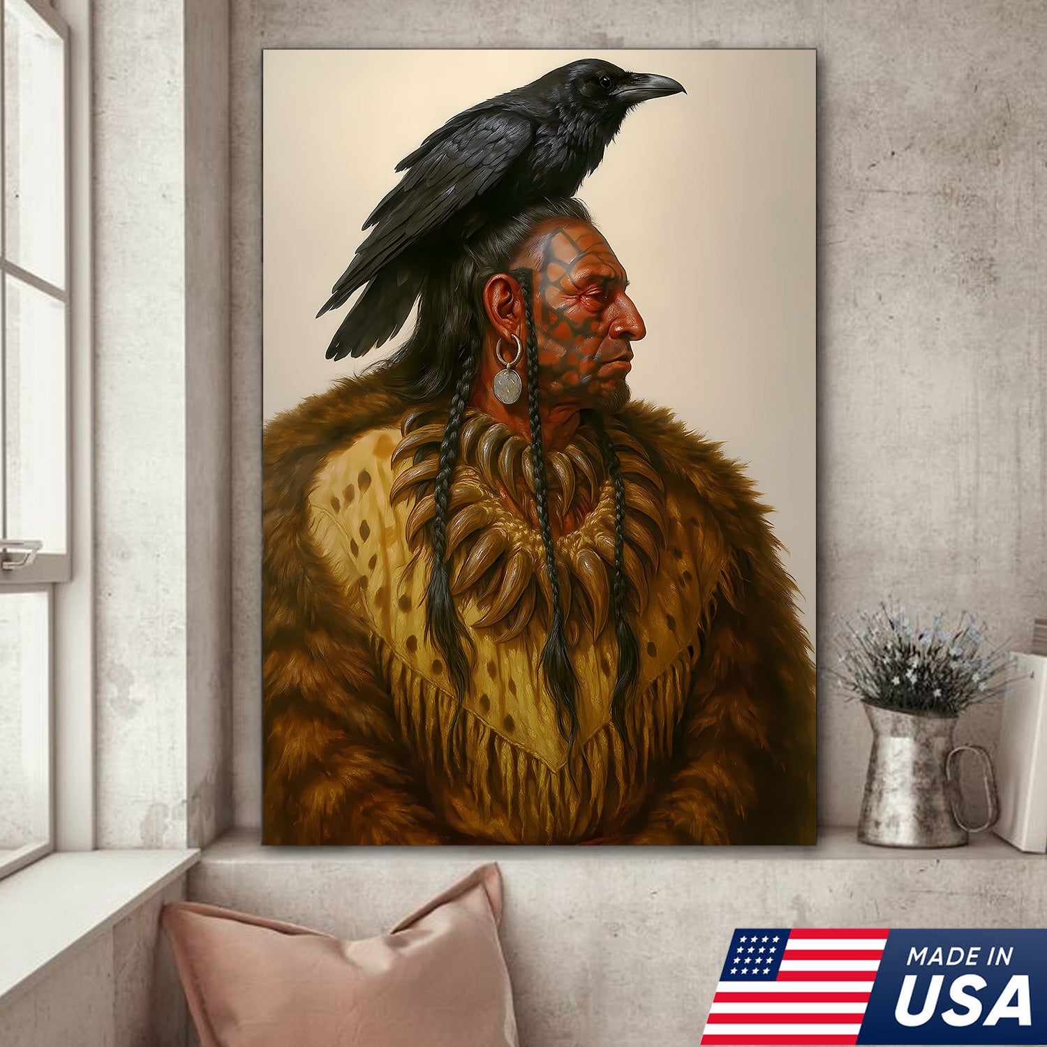 Native American Raven Spirit Warrior Canvas Wall Art, Tribal Chief Por ...
